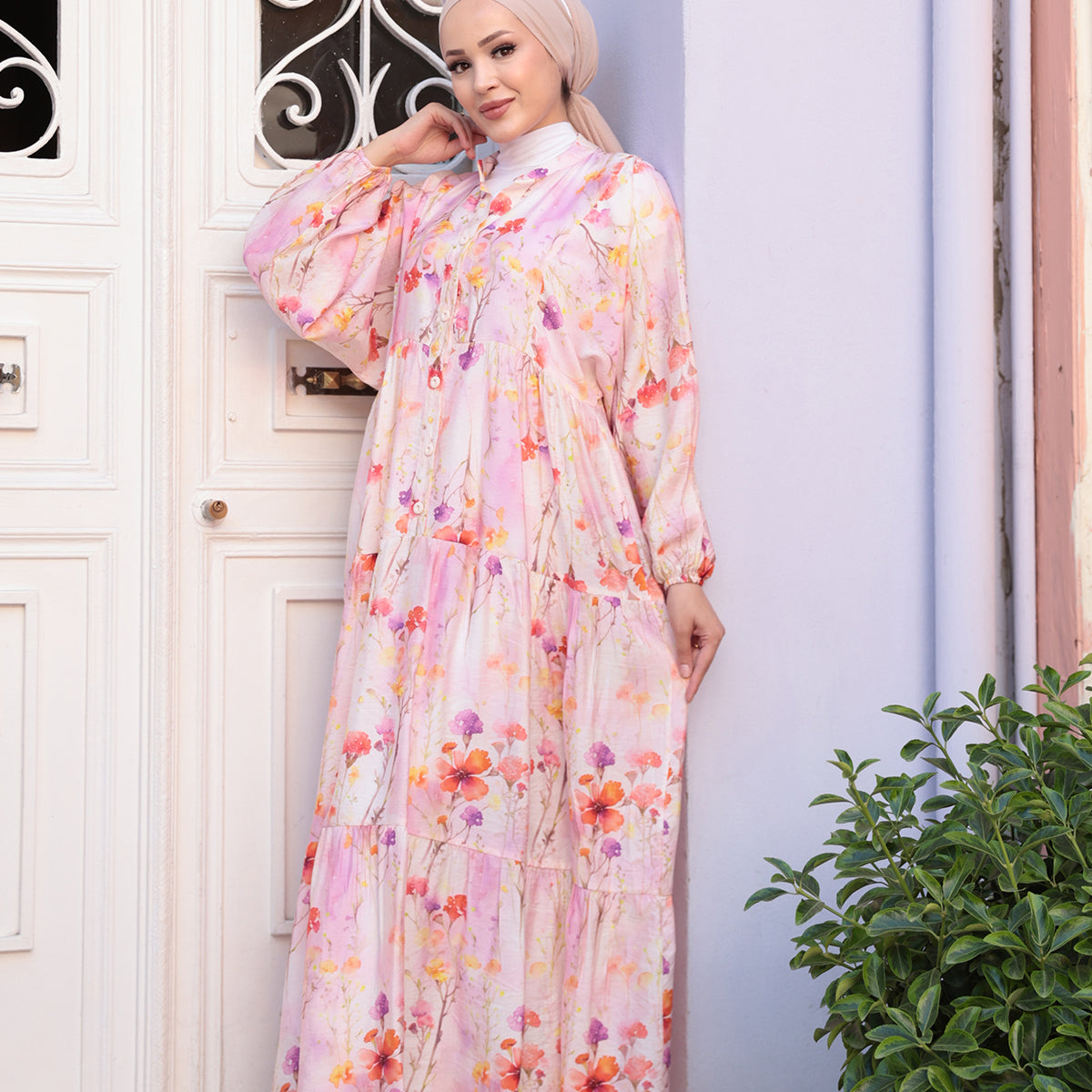 Floral Patterned Dress – Pink – loccomodest.com