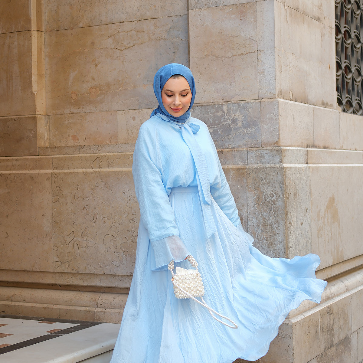Light Blue Two-Piece Set with Tulle Accents and Tie Details ...