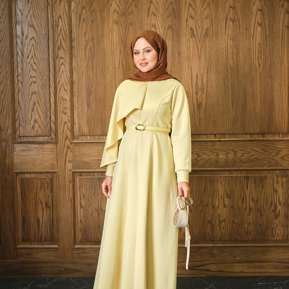 Scuba Dress with Shoulder Drape Detail - Yellow – loccomodest.com